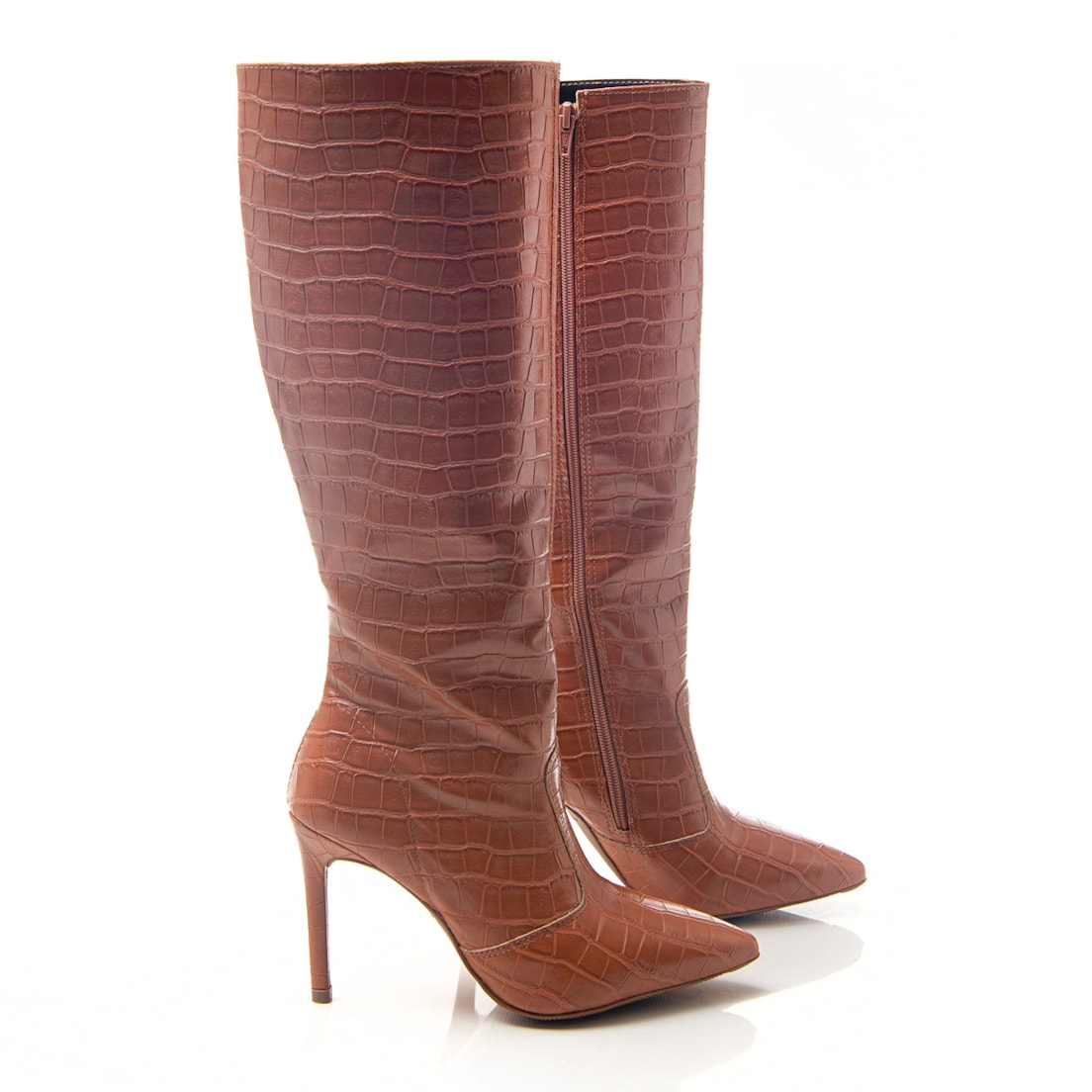 Bota Feminina Mayra Cano Alto Salto Fino Croco Caramelo - Pe Vermelho ...